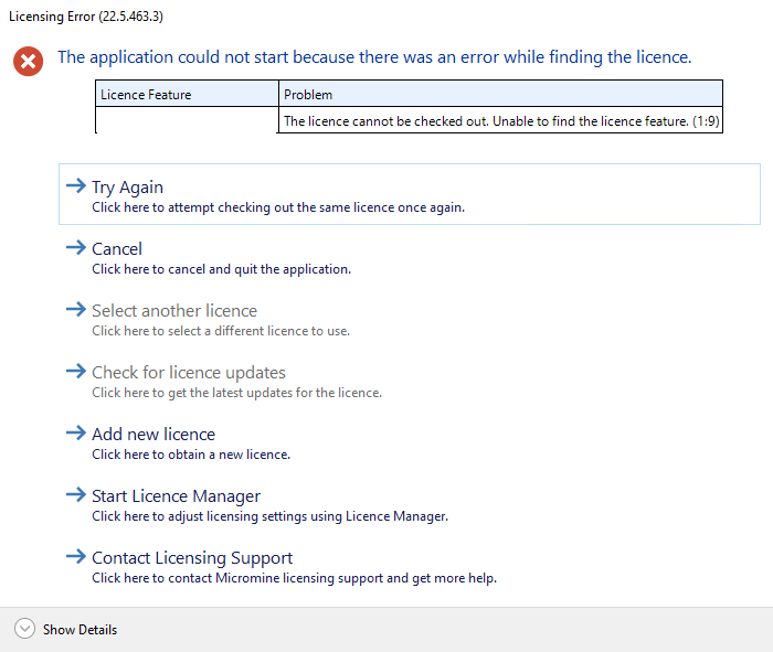 The Licence cannot be checked out. Unable to find the licence feature ...